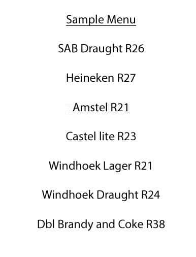 Menu at Marvel Bar, Cape Town