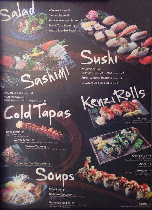 Menu at Kenzi Sake Bar, Chatswood
