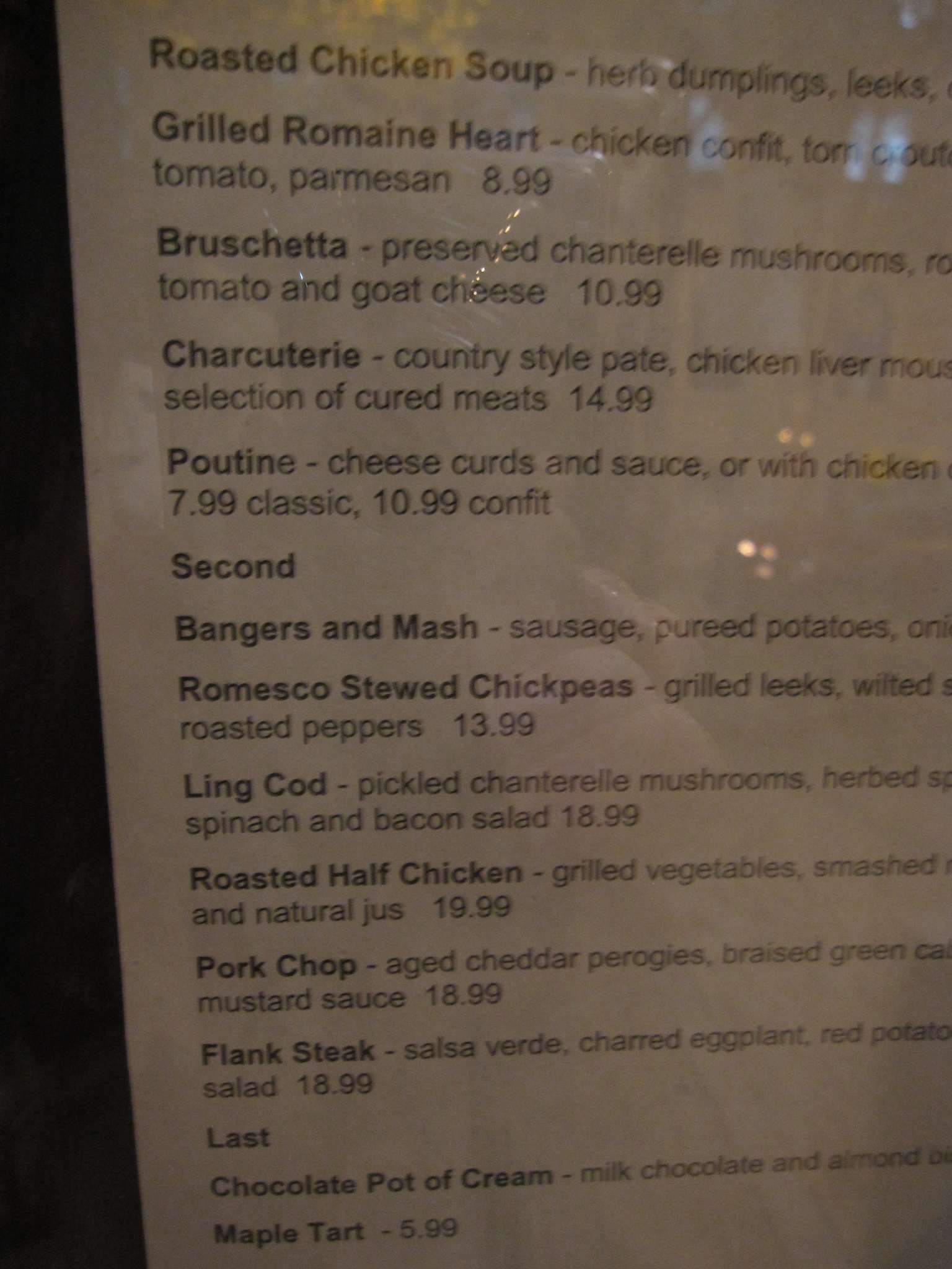 Menu at Peasant Cookery restaurant, Winnipeg