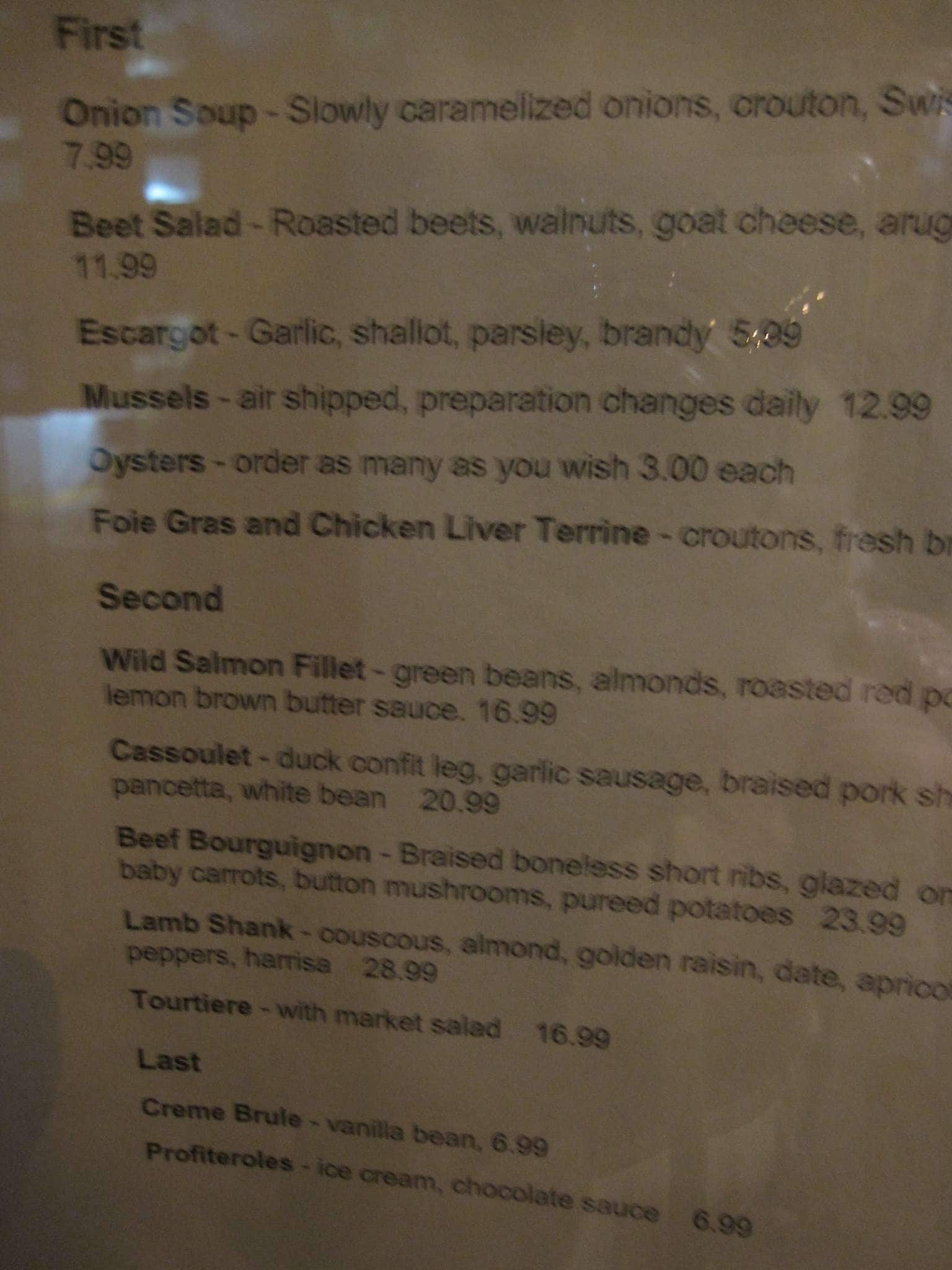 Menu at Peasant Cookery restaurant, Winnipeg