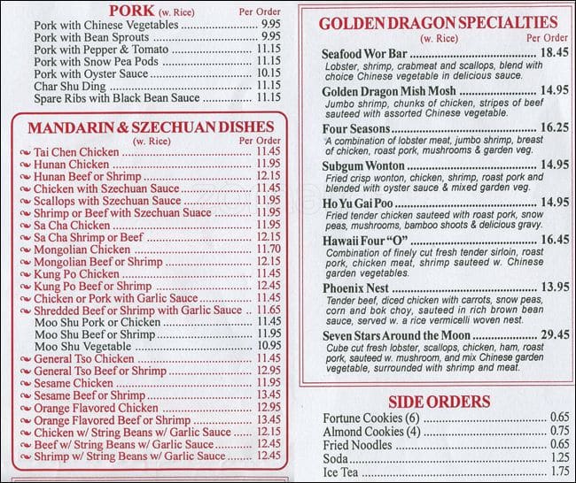Menu at Golden Dragon restaurant, Philadelphia, Wadsworth Ave A