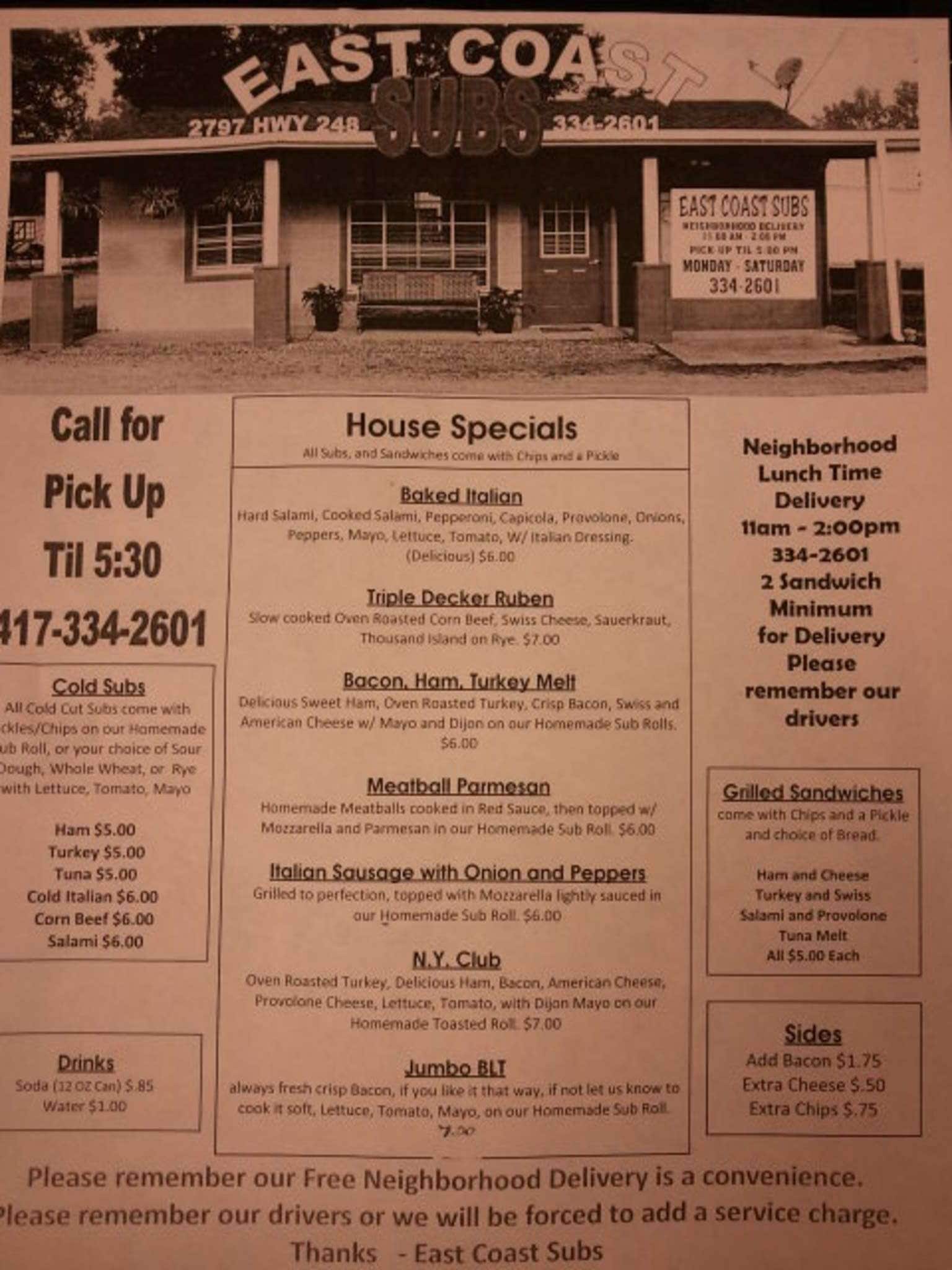 Menu at East Coast Subs restaurant, Branson, Bee Creek Rd