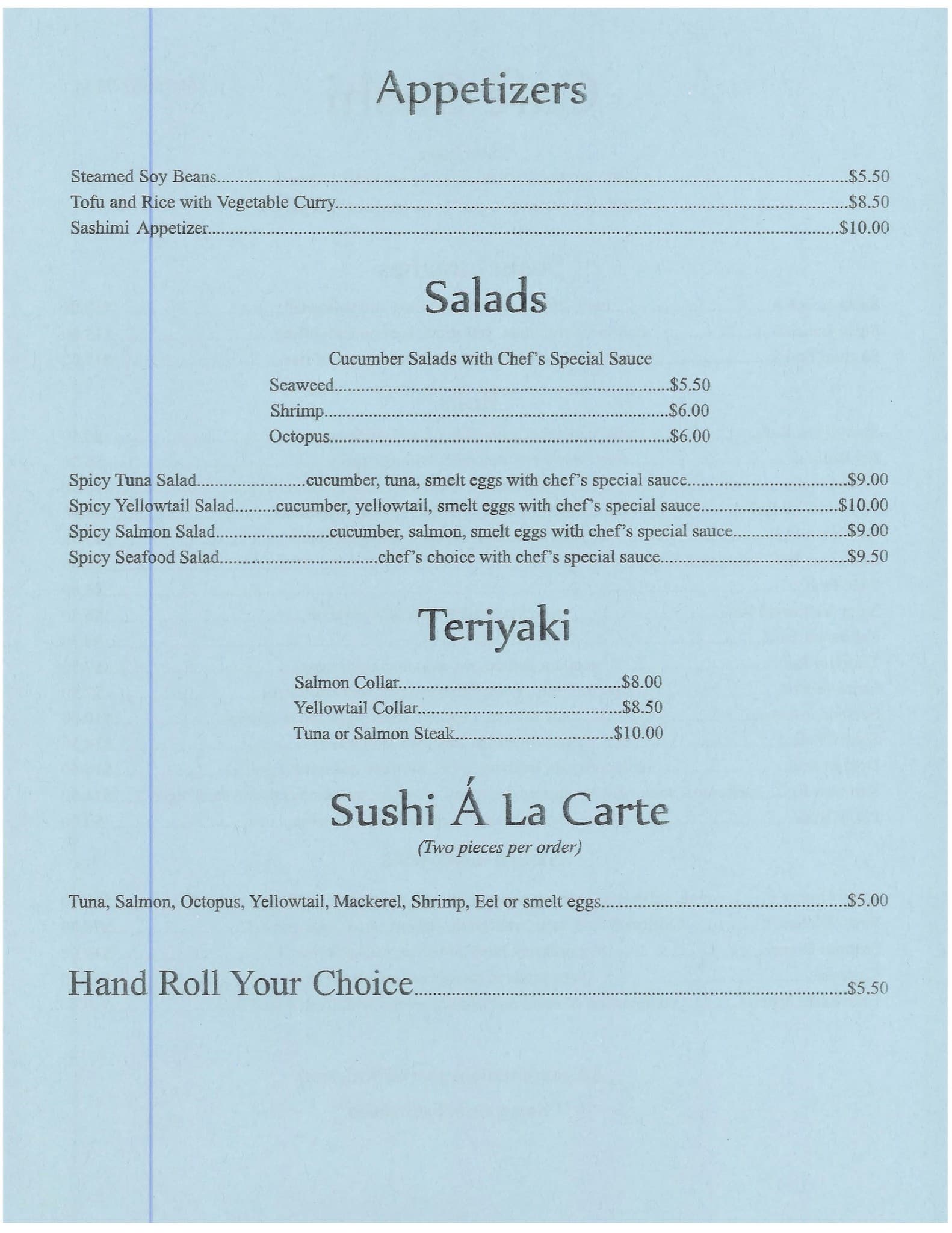 Menu at Cafe Sushi, Los Alamos