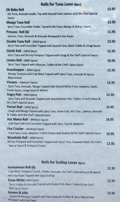 Menu at Oh Baby Sushi restaurant, Redwood City