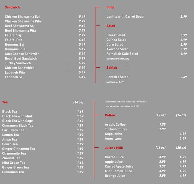 Menu at Ramallah Cafe, Winnipeg