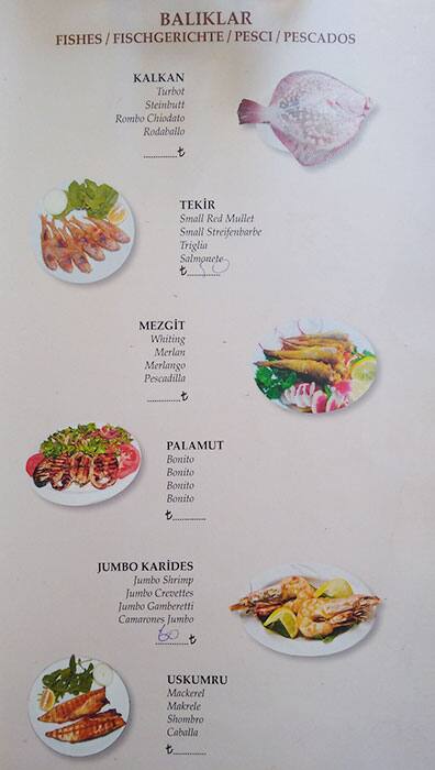 Menu at Nevizade, Istanbul, Hüseyinağa