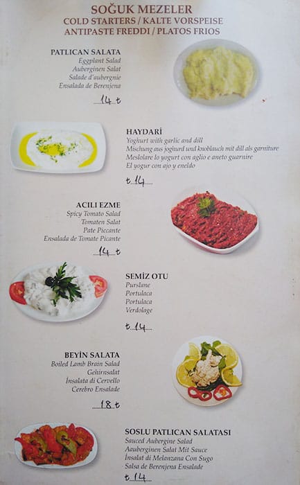 Menu at Nevizade, Istanbul, Hüseyinağa