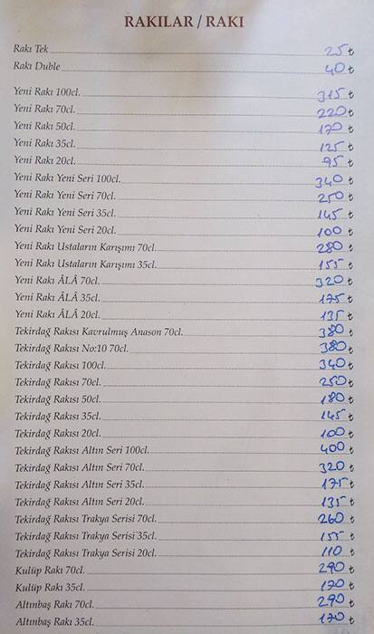 Menu at Nevizade, Istanbul, Hüseyinağa