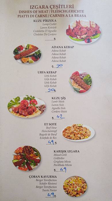 Menu at Nevizade, Istanbul, Hüseyinağa