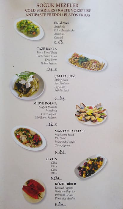 Menu at Nevizade, Istanbul, Hüseyinağa