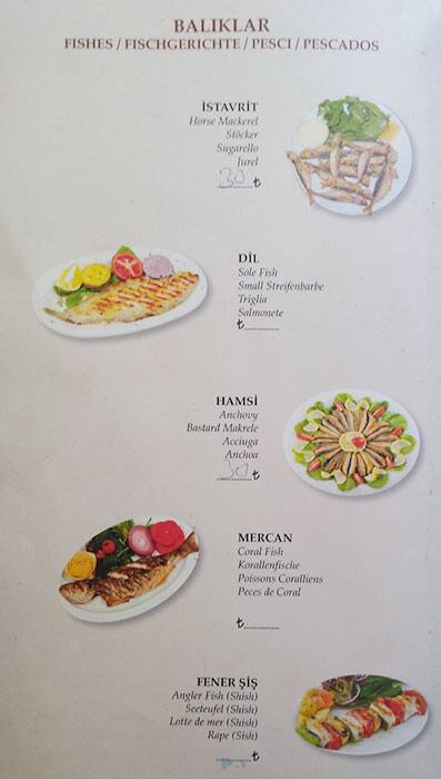 Menu at Nevizade, Istanbul, Hüseyinağa