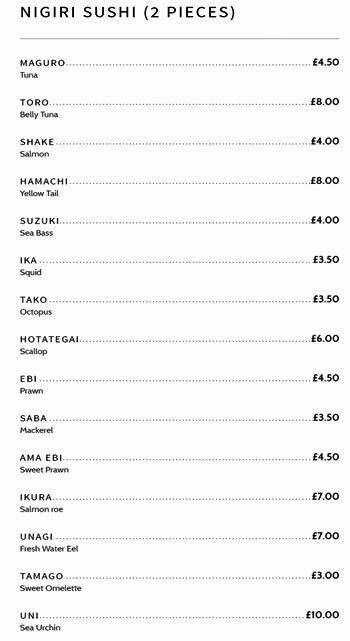 Menu at Kurumaya restaurant, London, 76-77 Watling St