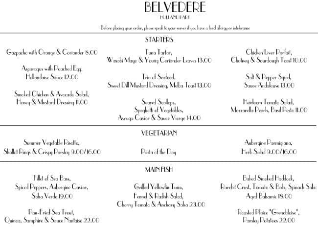 Menu at The Belvedere restaurant, London, Holland Park