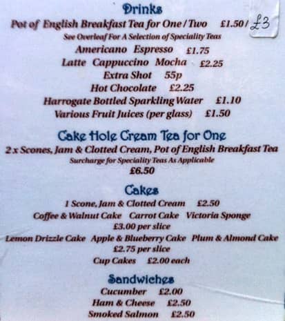Menu at Cake Hole Cafe, London