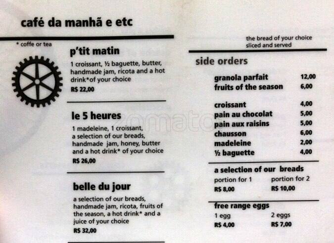 Menu at La Bicyclette cafe, Rio de Janeiro, Rua Pacheco Leão