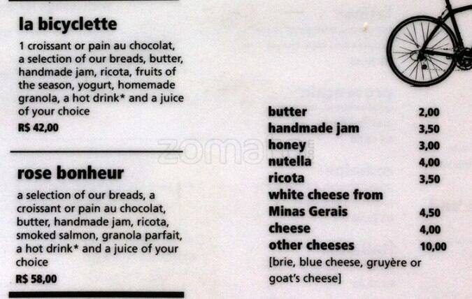 Menu at La Bicyclette cafe, Rio de Janeiro, Rua Pacheco Leão