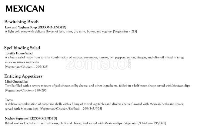 Menu at The Leaky Cauldron, New Delhi