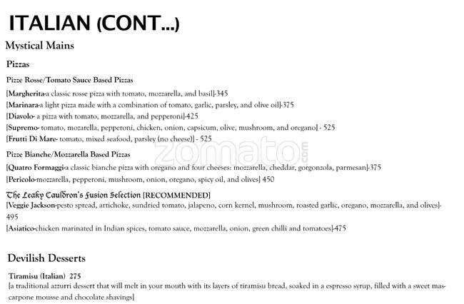 Menu at The Leaky Cauldron, New Delhi