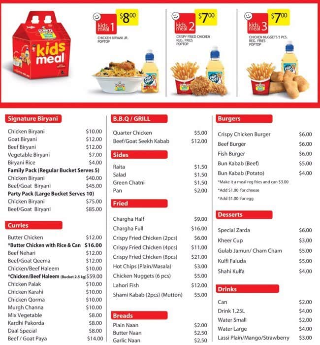 Menu at Student Biryani restaurant, Auburn