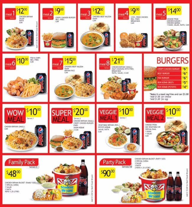 Menu at Student Biryani restaurant, Auburn