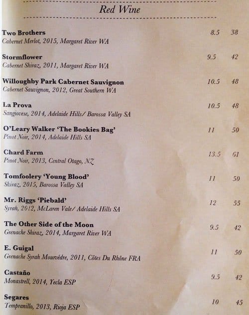 Menu at Mrs Brown restaurant, North Fremantle