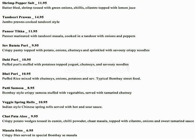 Menu at Bombay Se restaurant, Surrey, 120 St