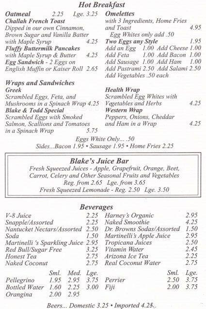 Menu at Blake & Todd restaurant, West New York, 52 Vanderbilt Ave
