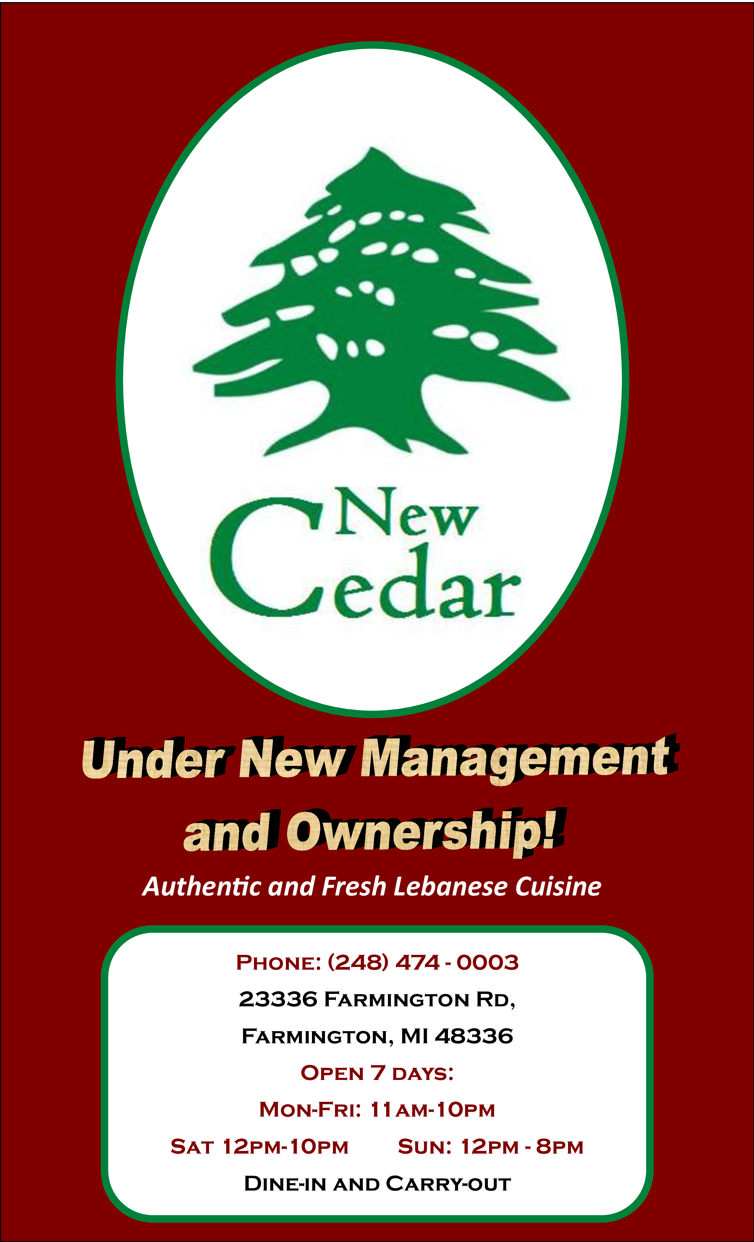 Menu at New Cedar restaurant, Farmington, Farmington Rd