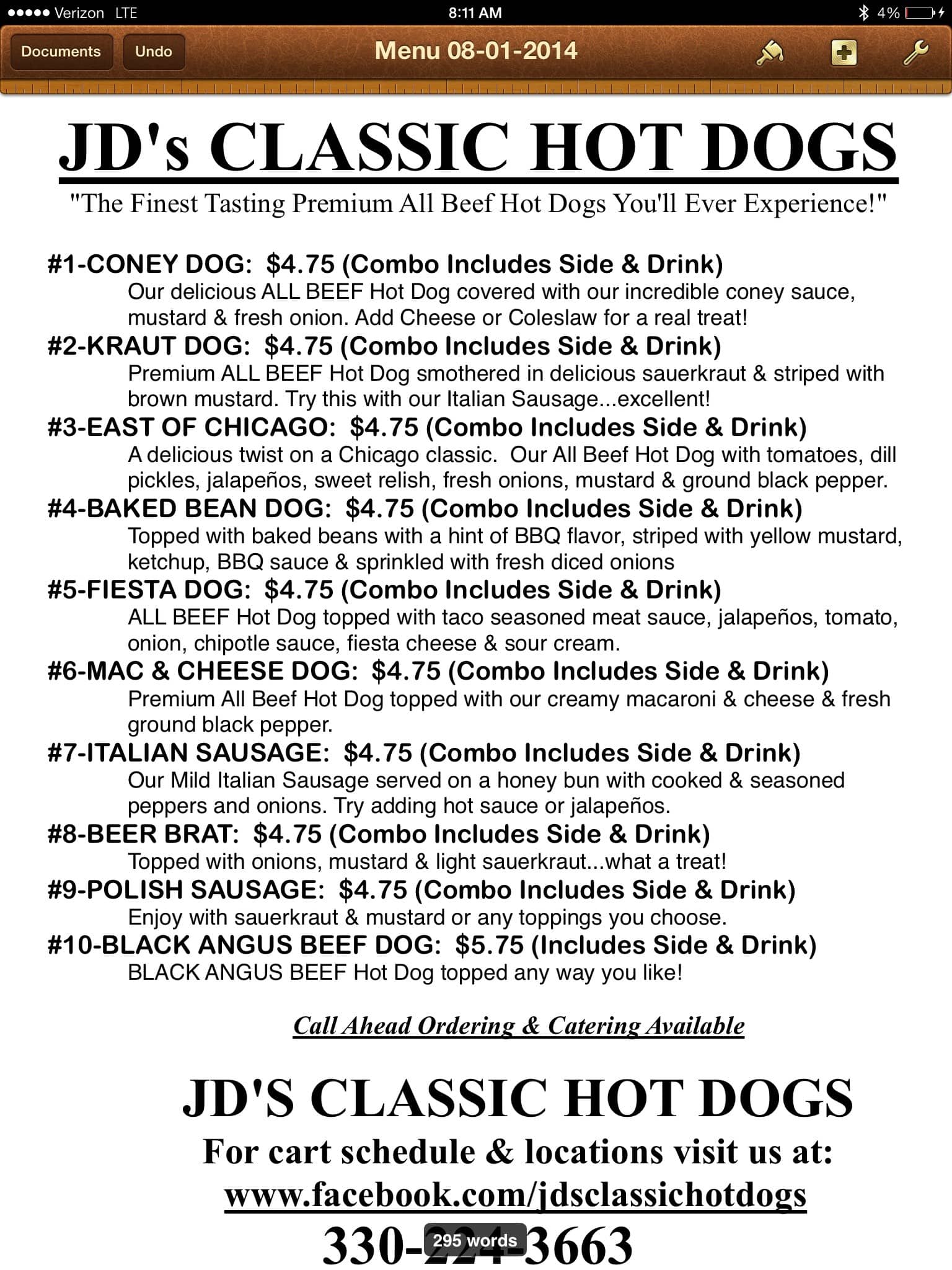 Menu at JD's Classic Hot Dogs restaurant, Canton, Navarre Rd SW