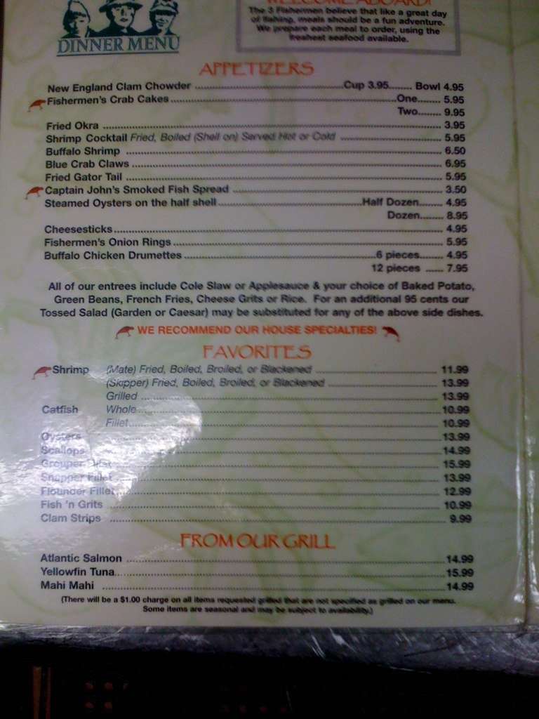 Menu at 3 Fishermen Seafood restaurant, Fort Myers