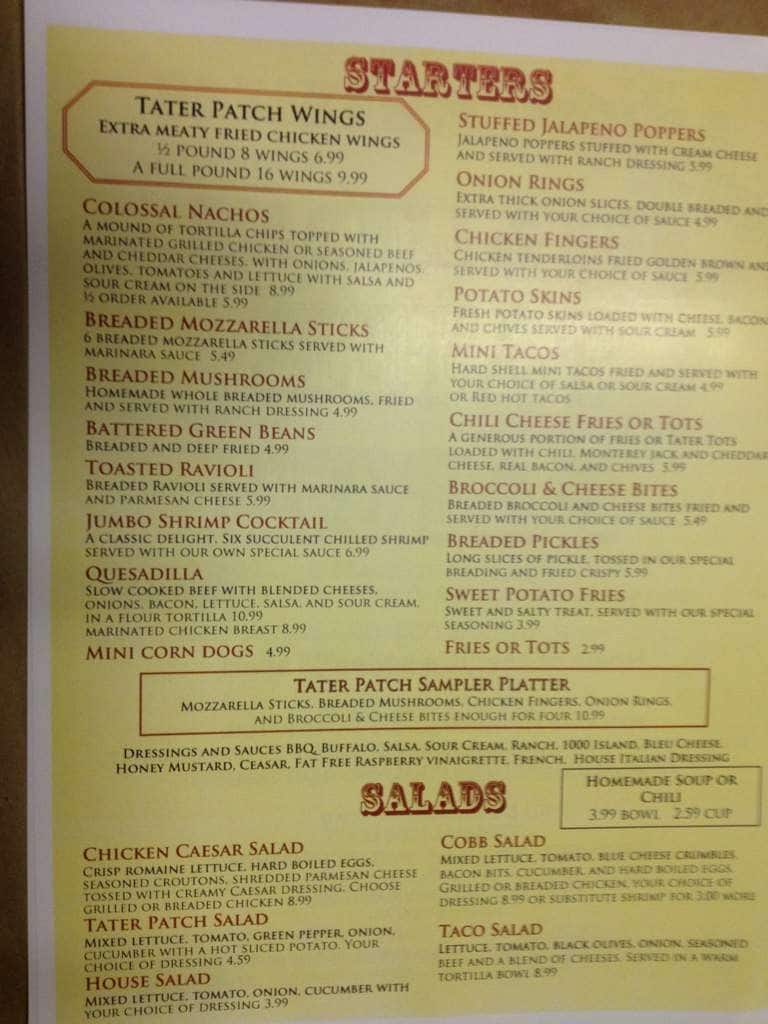 Menu at Tater Patch pub & bar, Rolla, 103 Bridgeschool Rd