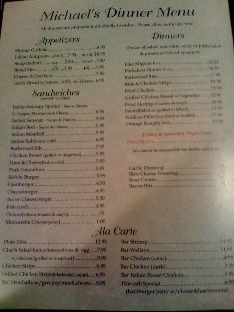 Menu at Michael's restaurant, Elkhart