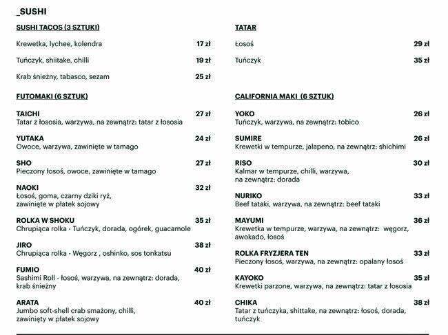 Carta del restaurante SHOKU, Varsovia