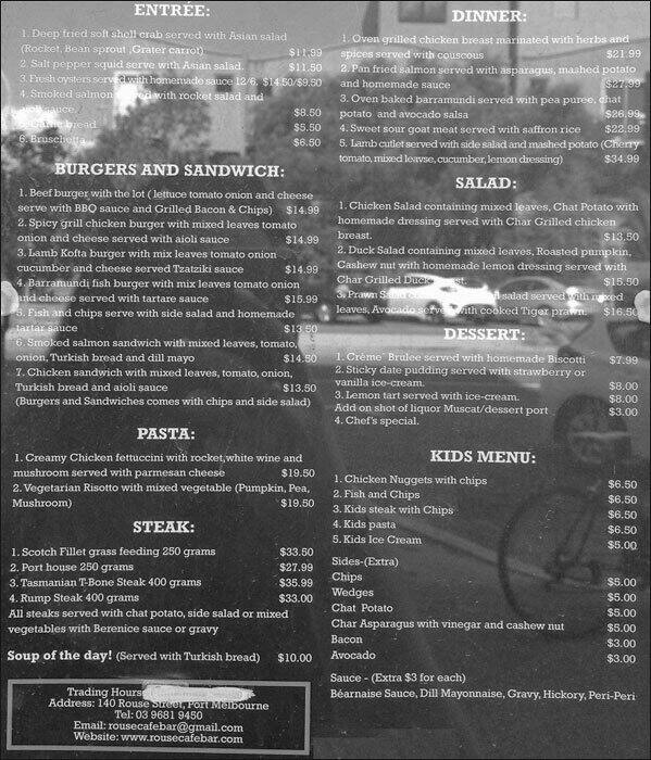 Menu at Rouse Cafe Bar, Melbourne