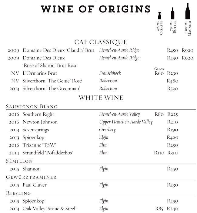 Menu at Origins restaurant, Hermanus