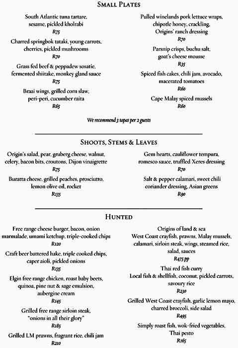 Speisekarte von Origins restaurant, Hermanus