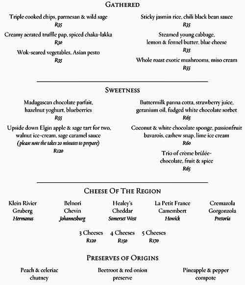 Speisekarte von Origins restaurant, Hermanus