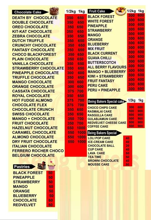 Menu of Being Bakers, Dahisar East, Mumbai