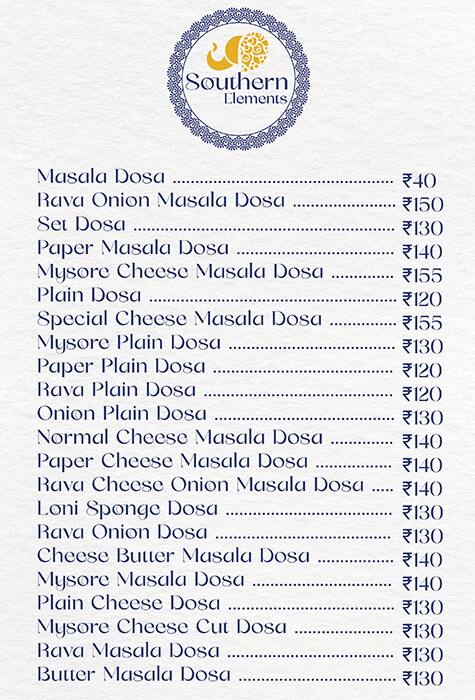 Menu of Southern Elements, Hadapsar, Pune
