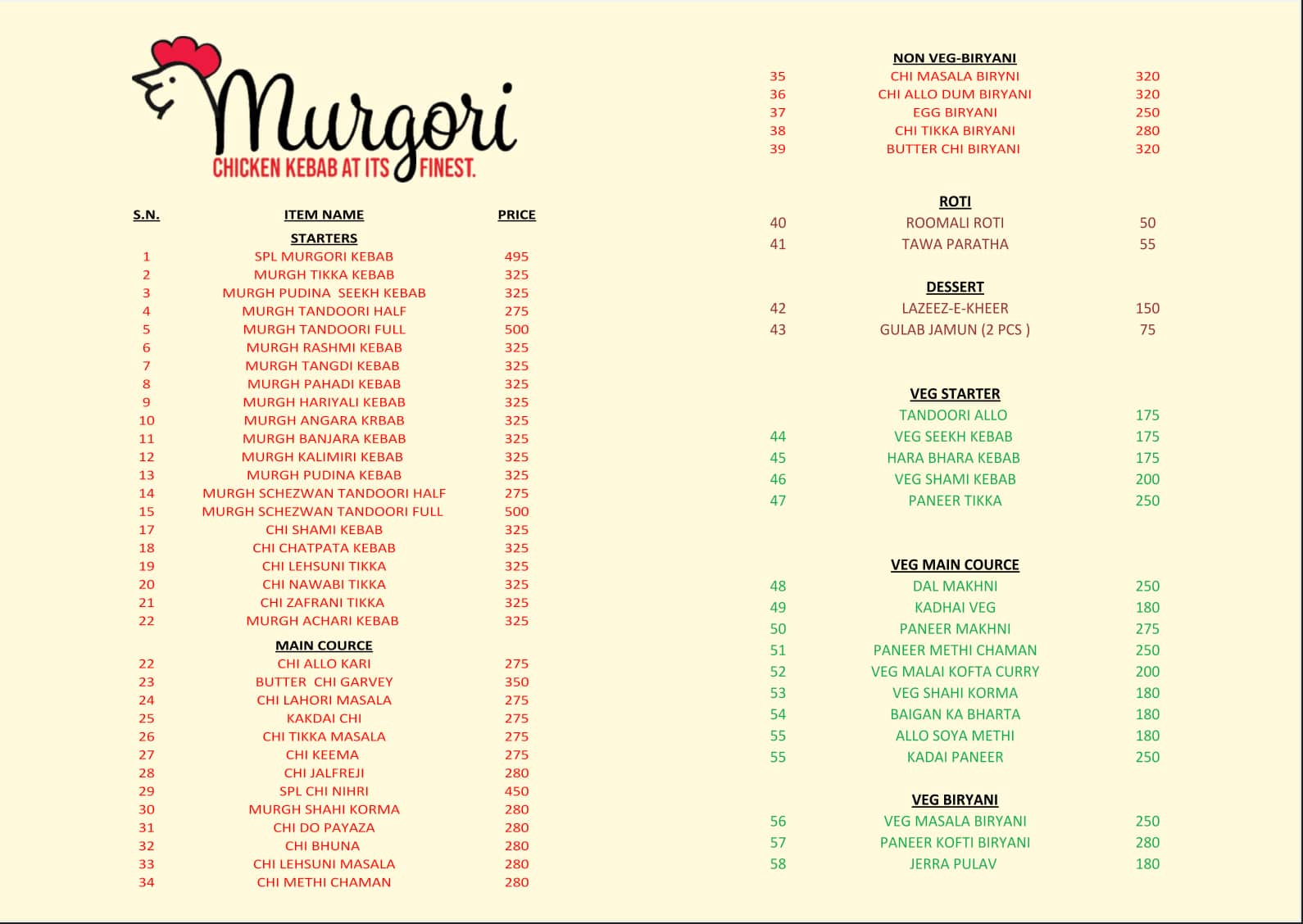 Menu of Murgori, Reclamation, Bandra West, Mumbai