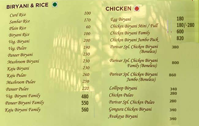 Menu of Parivaar Multi-Cuisine Restaurant, Narapally, Hyderabad