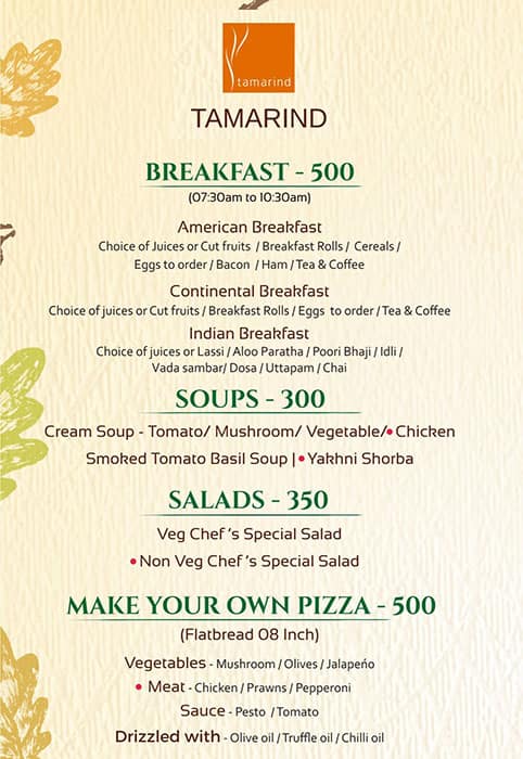 Menu at Tamarind Restaurant and Poolside, Colaba, Mumbai, Fariyas Hotel