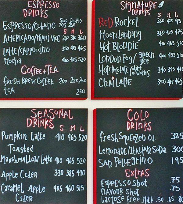 Menu at Red Rocket Coffee cafe, Toronto, 154 Wellesley St E