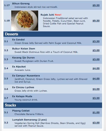 Menu at Nusantara Indonesian Cuisine fast food, Caulfield East