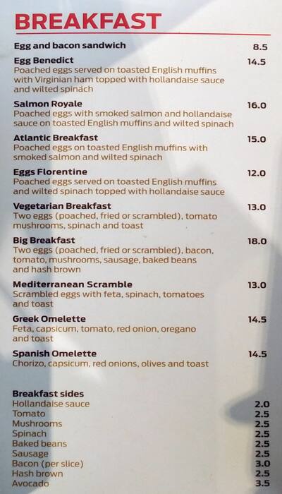 Menu at Cafe Excello, Melbourne, 99 Spring St