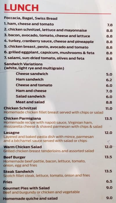 Menu at Cafe Excello, Melbourne, 99 Spring St