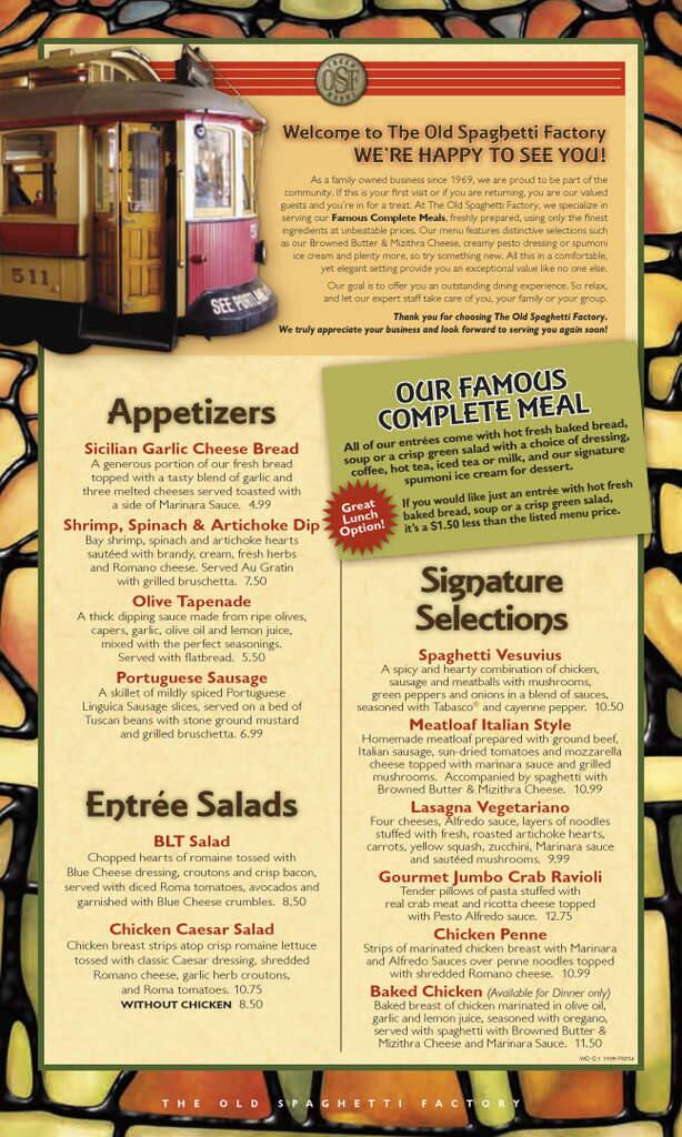 Menu at The Old Spaghetti Factory restaurant, Rancho Cordova, Folsom Blvd