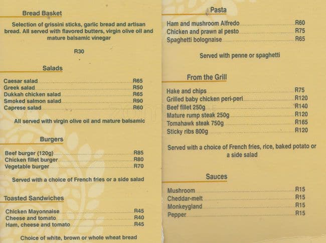 Menu at Tree Tops fast food, Sun City