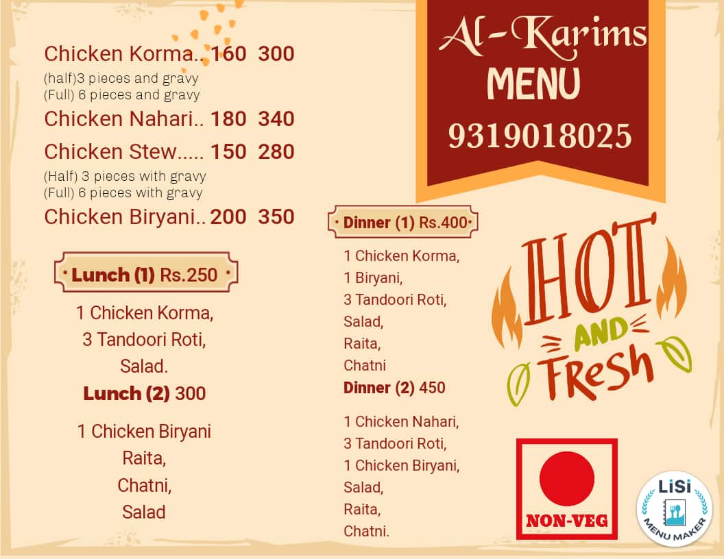 Menu of Al Karims Foods, Asaf Ali Road, New Delhi