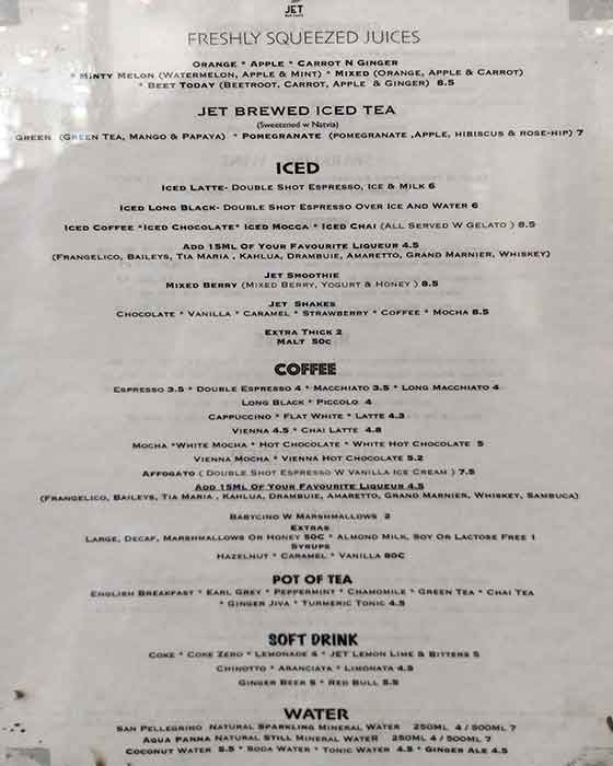 Menu at Jet Bar Caffe, Sydney, Queen Victoria Building 455 George St